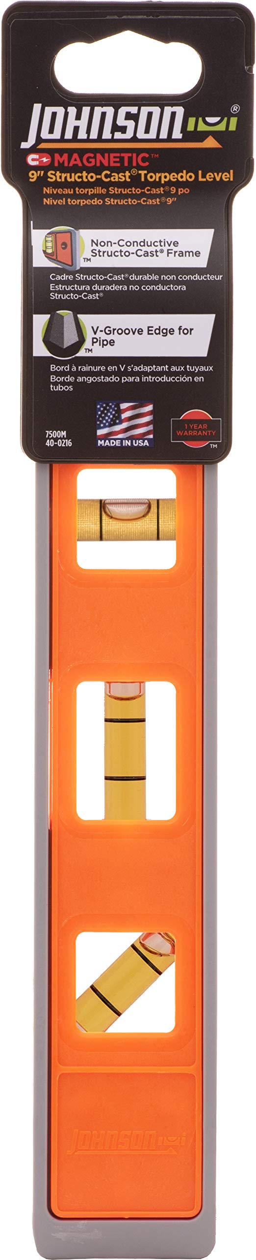 Johnson Level & Tool 7500M Magnetic Structo-Cast Torpedo Level, 9", Orange, 1 Level