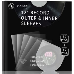 zolef 100 12" anti static vinyl record sleeves combo pack (50x 3mil outer sleeves & 50x inner round bottom sleeves), vinyl protective crystal clear fit for single & double lp album collection