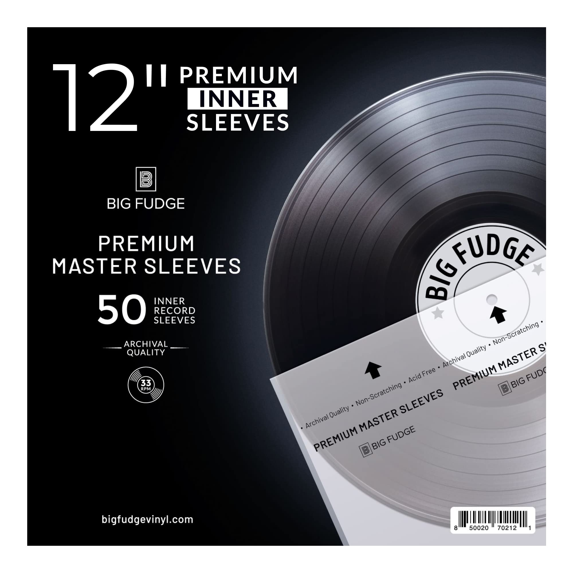 Big Fudge Vinyl Record Inner Sleeves - Clear 3-Ply Album Covers with Anti-Static Rice Paper - Acid Free Protective Outer Cover for 12" Records - White, 50 Pack