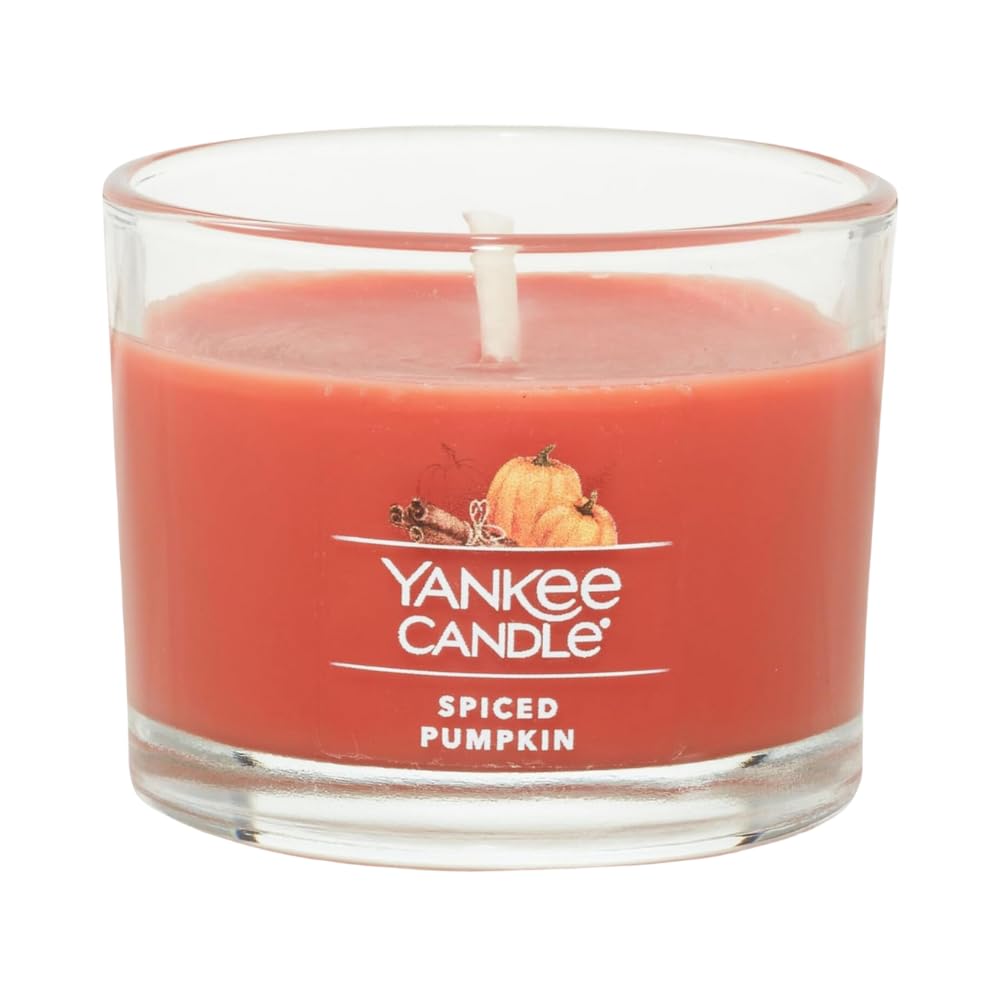 Yankee Candle Signature Votive Mini Candle Jar, Spiced Pumpkin Scent, Natural Soy Wax Blend Candle with Natural Fiber Wick, 1.3 OZ Glass Jar (Pack of 4)