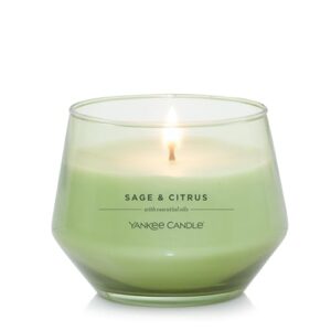 yankee candle studio medium candle, sage & citrus, 10 oz: long-lasting, essential-oil scented soy wax blend candle | 40-65 hours of burning time