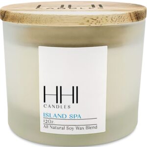 all-natural scented soy candle | island spa | a fresh blend of eucalyptus and citrus | large 12 ounce three wick candle | long burn time | includes bamboo lid and gift box | hhi candles