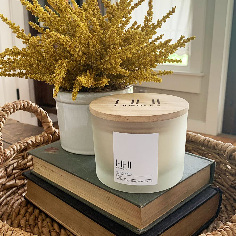 All-Natural Scented Soy Candle | Island Spa | A Fresh Blend of Eucalyptus and Citrus | Large 12 Ounce Three Wick Candle | Long burn time | includes Bamboo Lid and Gift Box | HHI Candles