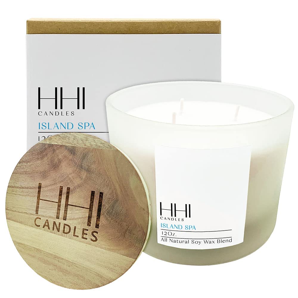 All-Natural Scented Soy Candle | Island Spa | A Fresh Blend of Eucalyptus and Citrus | Large 12 Ounce Three Wick Candle | Long burn time | includes Bamboo Lid and Gift Box | HHI Candles