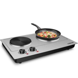 cusimax 1800w double hot plate, stainless steel silver countertop burner portable electric double burners electric cast iron hot plates cooktop, easy to clean, upgraded version c180n