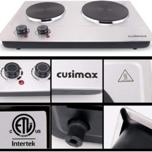 CUSIMAX 1800W Double Hot Plate, Stainless Steel Silver Countertop Burner Portable Electric Double Burners Electric Cast Iron Hot Plates Cooktop, Easy to Clean, Upgraded Version C180N