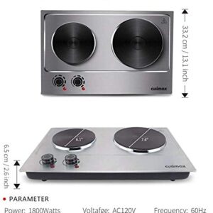 CUSIMAX 1800W Double Hot Plate, Stainless Steel Silver Countertop Burner Portable Electric Double Burners Electric Cast Iron Hot Plates Cooktop, Easy to Clean, Upgraded Version C180N