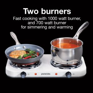 Proctor Silex Electric Stove, Double Burner Cooktop, Compact and Portable, Adjustable Temperature Double Hot Plate, 1700 Watts, White & Stainless (34116)