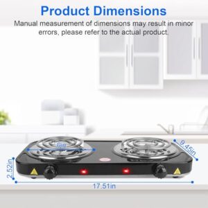 KOCASO Double Countertop Single Burner Electric Stove, 2000W Portable Coil Heating Hot Plate RV Hot Plate, with Non Slip Rubber Feet + 5 Temperature Adjustments, w/ 35in Plug Cord, Black