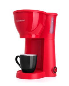 mixpresso mini compact drip coffee maker with brewing basket, red small coffee pot, one cup brew, gift for men and women, 10.5oz red coffee maker