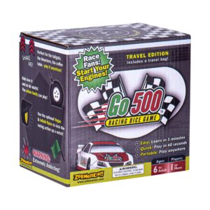 zobmondo!! go500 car racing dice game | great for nascar fans, families, and kids | portable fun game for home, travel, camping, bleachers, vacation, beach