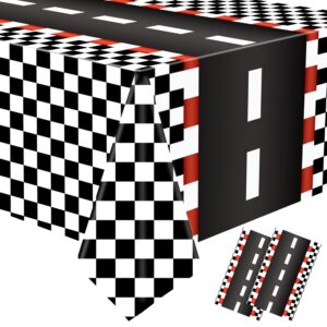 2 pcs racing car plastic tablecloths car theme disposable party tablecloths black checkered flag table covers racetrack rectangular tablecloth for boys birthday baby shower home decor, 54 x 108 inch