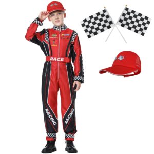 treyrea race car driver costume boys racer jumpsuit with car cap kids dress up for halloween (red and black, xl(for height 57"-60"))