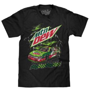 tee luv men's mtn dew racecar t-shirt - mountain dew soda logo racing shirt, black, m