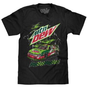 Tee Luv Men's MTN Dew Racecar T-Shirt - Mountain Dew Soda Logo Racing Shirt, Black, M