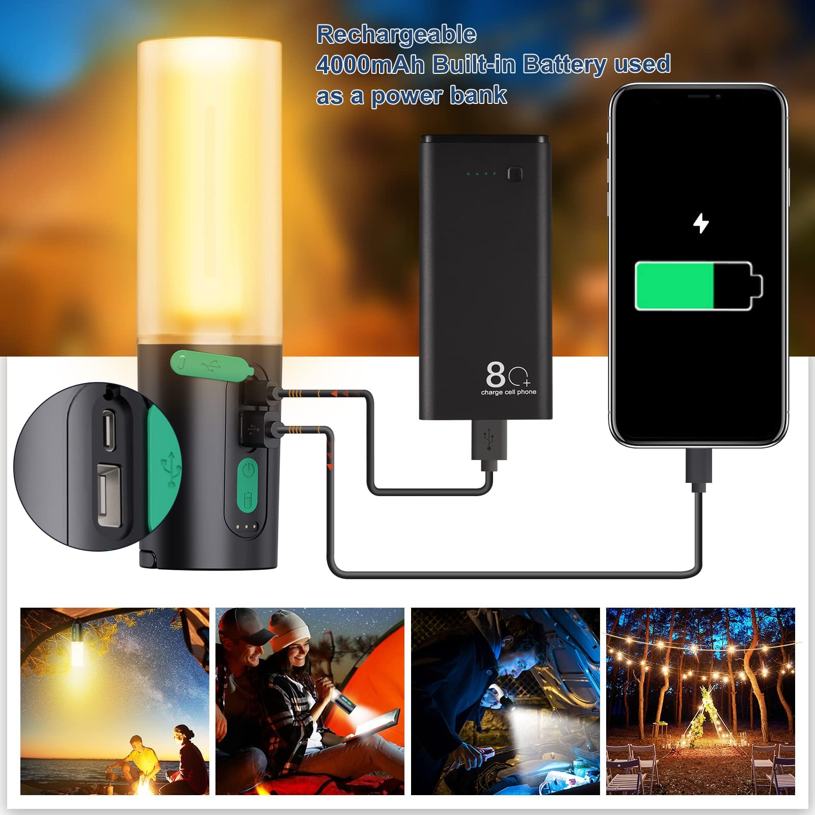 AUDLES Camping String Lights,33Ft Light with Lanterns (4 in 1 Design),Camping Lights 4000mAh Charger,7 Modes,IPX6 Waterproof,Rechargeable Flashlights for Outdoor,Hiking