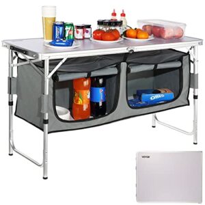 vevor camping kitchen table, aluminum portable folding camp cooking station with storage organizer, 3 adjustable height, quick installation for picnic bbq beach traveling