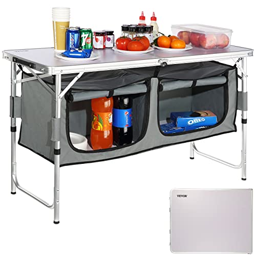 VEVOR Camping Kitchen Table, Aluminum Portable Folding Camp Cooking Station with Storage Organizer, 3 Adjustable Height, Quick Installation for Picnic BBQ Beach Traveling