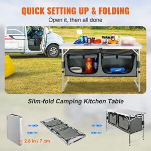 VEVOR Camping Kitchen Table, Aluminum Portable Folding Camp Cooking Station with Storage Organizer, 3 Adjustable Height, Quick Installation for Picnic BBQ Beach Traveling