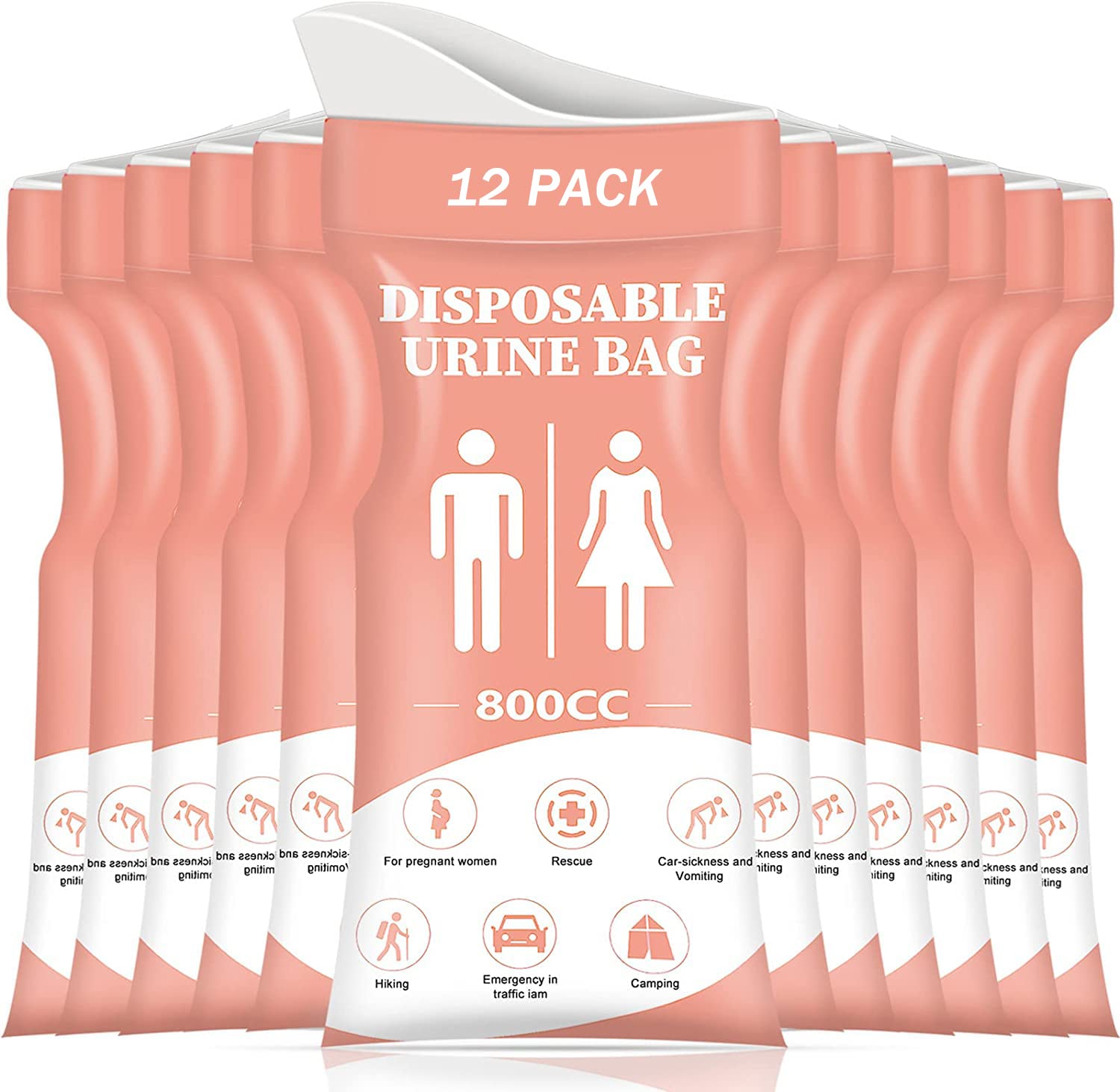 DIBBATU Disposable Urinal Bag,12 PCS 800ML Emergency Urine Bag, Unisex Urinal Bag, Portable Camping Pee Bag, Travel Urine Bags Vomit Bag for Traffic Jams, Camping, Hiking, Pregnant, Patient, Kid