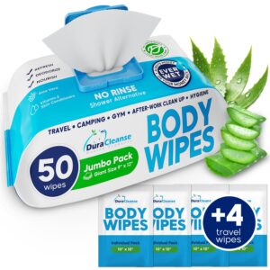 xl body wipes for adults bathing no rinse - 50 ct. + 4 travel shower wipes - 9"x12" thick cleansing bath wash wipes for elderly incontinence - disposable washcloths, camping essentials for women & men