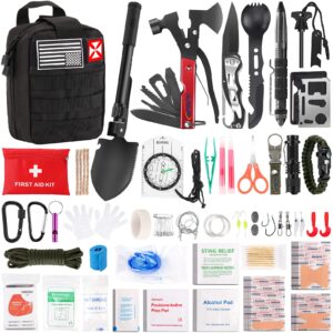 survival first aid kit, 248pcs survival tools camping essentials tactical gear emergency trauma medical supplies packed in a molle pouch, saber card ,cool for men camping hiking outdoor activities