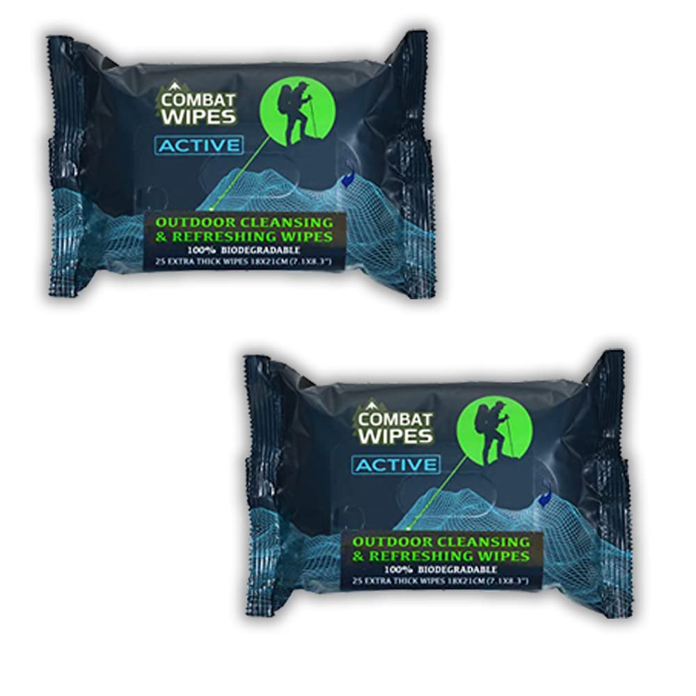 Combat Wipes ACTIVE Outdoor Wet Wipes - Extra Thick Camping Gear, Biodegradable, Body & Hand Cleansing/Refreshing Cloths for Backpacking & Gym w/Natural Aloe & Vitamin E(2 pack, 25 wipes each)