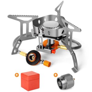 odoland 3500w windproof camp stove camping gas stove with fuel canister adapter, piezo ignition, carry case, portable collapsible stove burner for outdoor backpacking hiking and picnic