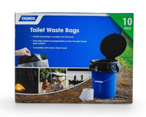 camco toilet waste bags - features biodegradable powder & leak proof double bag design - great for camping, rving, hiking, or boating - 10-pack (41548)