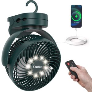 camping fan with remote control - 65hrs 12000mah rechargeable fan, 3 speeds & timing battery powered fan with light & hook, tent fan for camping, camp fan for tent, battery operated fan, green