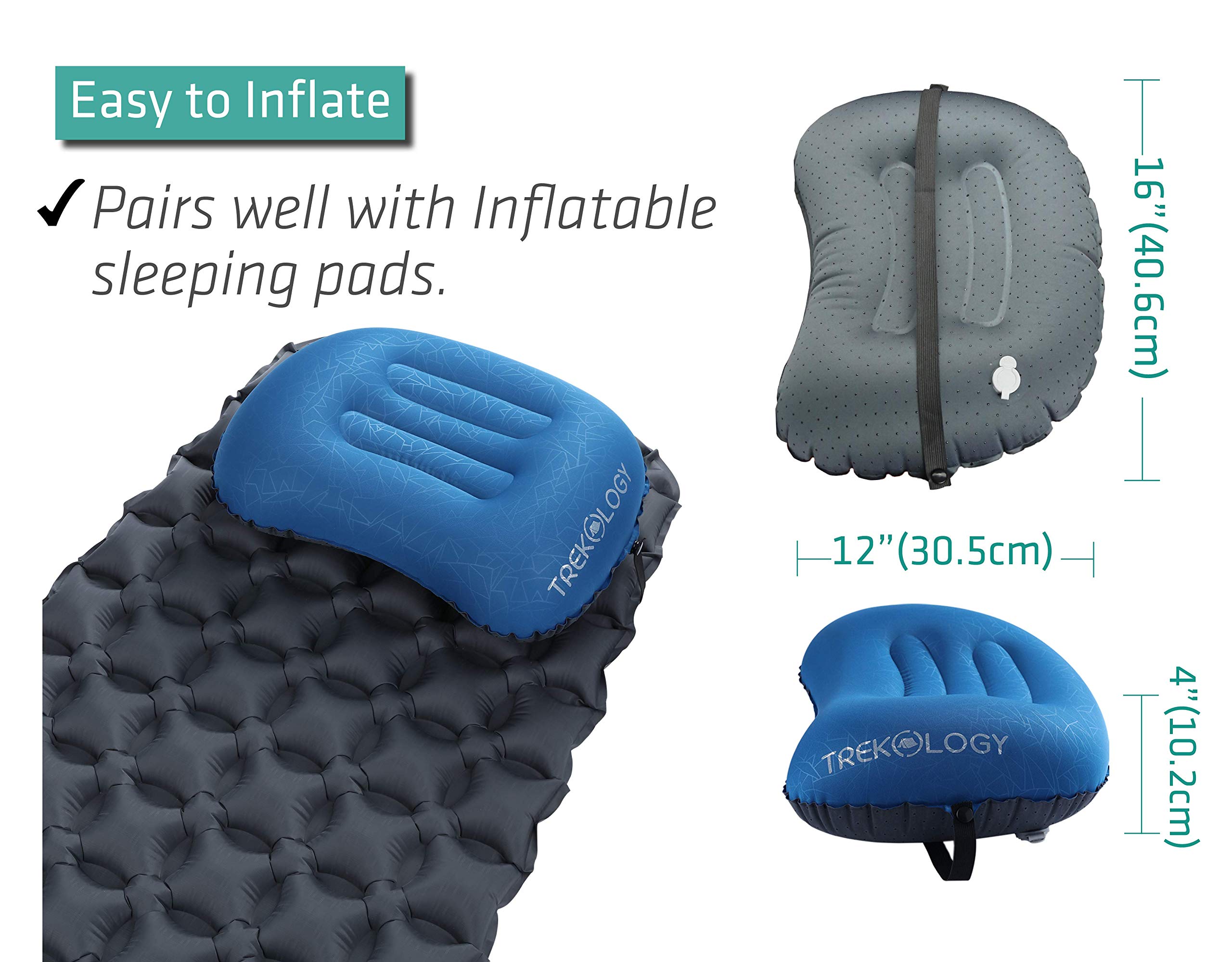 TREKOLOGY Ultralight Inflatable Camping Travel Pillow - ALUFT 2.0 Compressible, Compact, Comfortable, Ergonomic Inflating Pillows for Neck & Lumbar Support While Camp, Hiking, Backpacking