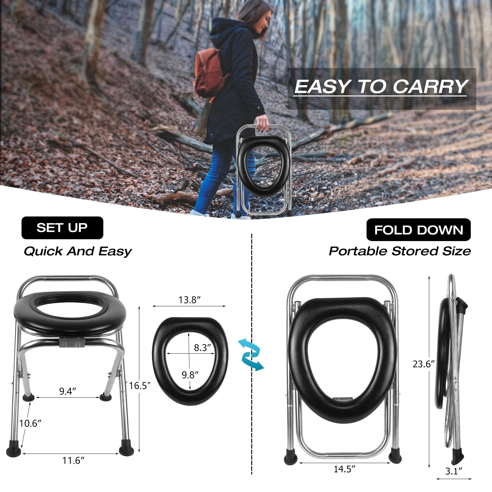 UGarden Upgraded Heavy Duty Stainless Steel Portable Toilet for Camping, Sturdy 350LBS Camp Toilet Portable, Portable Camping Toilet with Soft Seat/Toilet Bags, Black Folding Toilet for Hiking, Travel