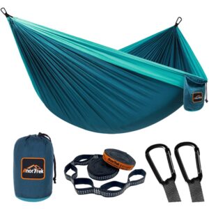 anortrek camping hammock, super lightweight portable parachute hammock with two tree straps single or double nylon travel tree hammocks for camping backpacking hiking, blue&dark blue