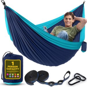 durable hammock 400 lb capacity, nylon camping hammock chair - double or single sizes w/tree straps and attached carry bag - portable for travel/backpacking/beach/backyard (medium, blue & light blue)