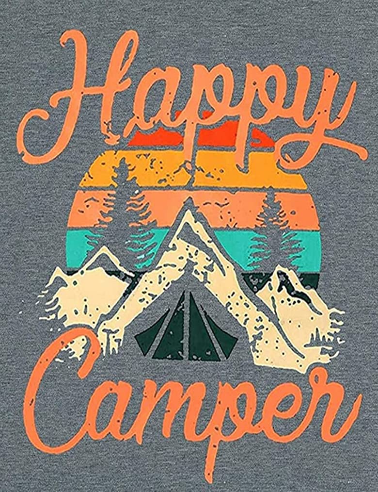 Happy Camper Women's Graphic Tee, Cute & Funny Camping Shirt, Short Sleeve Casual Top (XL, Grey)