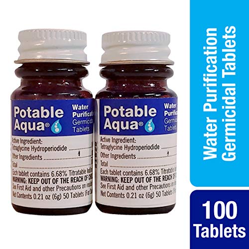 Potable Aqua Water Purification Tablets, Portable and Effective Water Purification Solution for Camping, Hiking, Emergencies, Natural Disasters and International Travel, Two 50ct Bottles, Blue