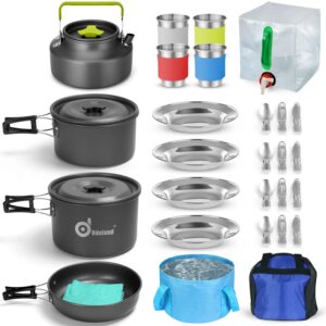 odoland 29pcs camping cookware mess kit, non-stick lightweight pots pan kettle, collapsible water container and bucket, stainless steel cups plates forks knives spoons for outdoor backpacking picnic