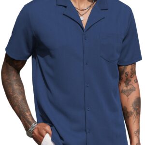 COOFANDY Men's Wrinkle Free Button Down Shirt Short Sleeve Business Casual Untucked Shirts Lightweight Stretch Shirt Navy Blue