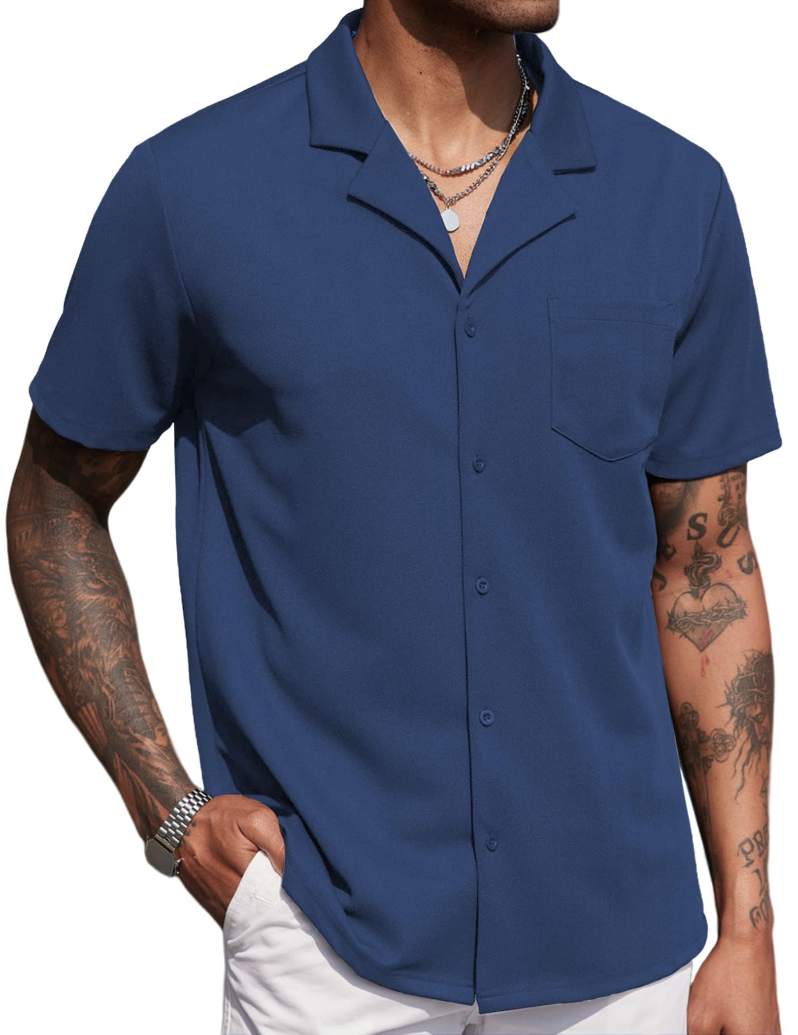 COOFANDY Men's Wrinkle Free Button Down Shirt Short Sleeve Business Casual Untucked Shirts Lightweight Stretch Shirt Navy Blue