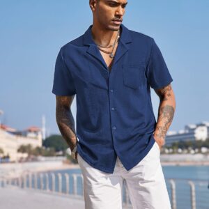 COOFANDY Men's Wrinkle Free Button Down Shirt Short Sleeve Business Casual Untucked Shirts Lightweight Stretch Shirt Navy Blue