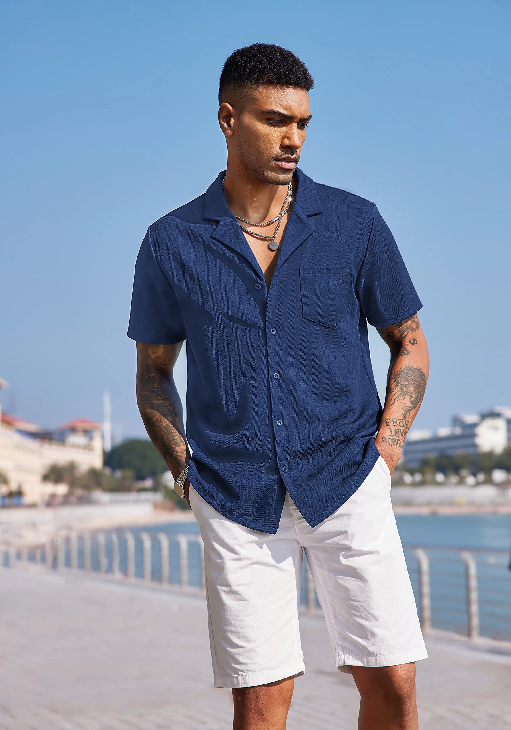 COOFANDY Men's Wrinkle Free Button Down Shirt Short Sleeve Business Casual Untucked Shirts Lightweight Stretch Shirt Navy Blue