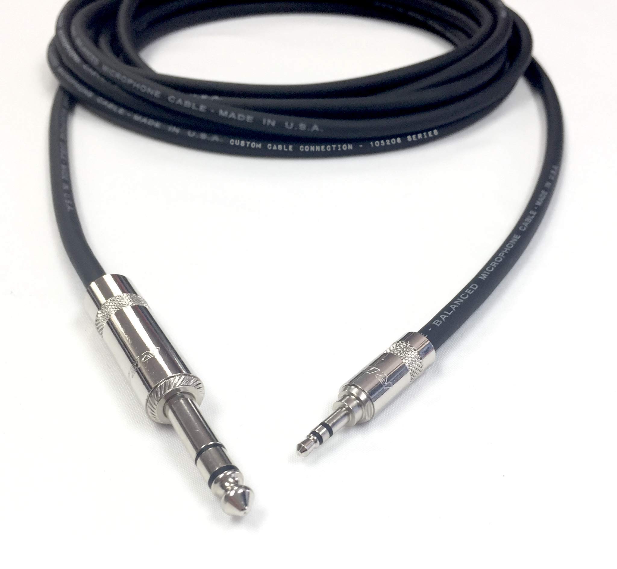 15 Foot Pro Audio 1/4 inch (6.35mm) TRS to 1/8 inch (3.5mm) TRS Balanced Cable by Custom Cable Connection