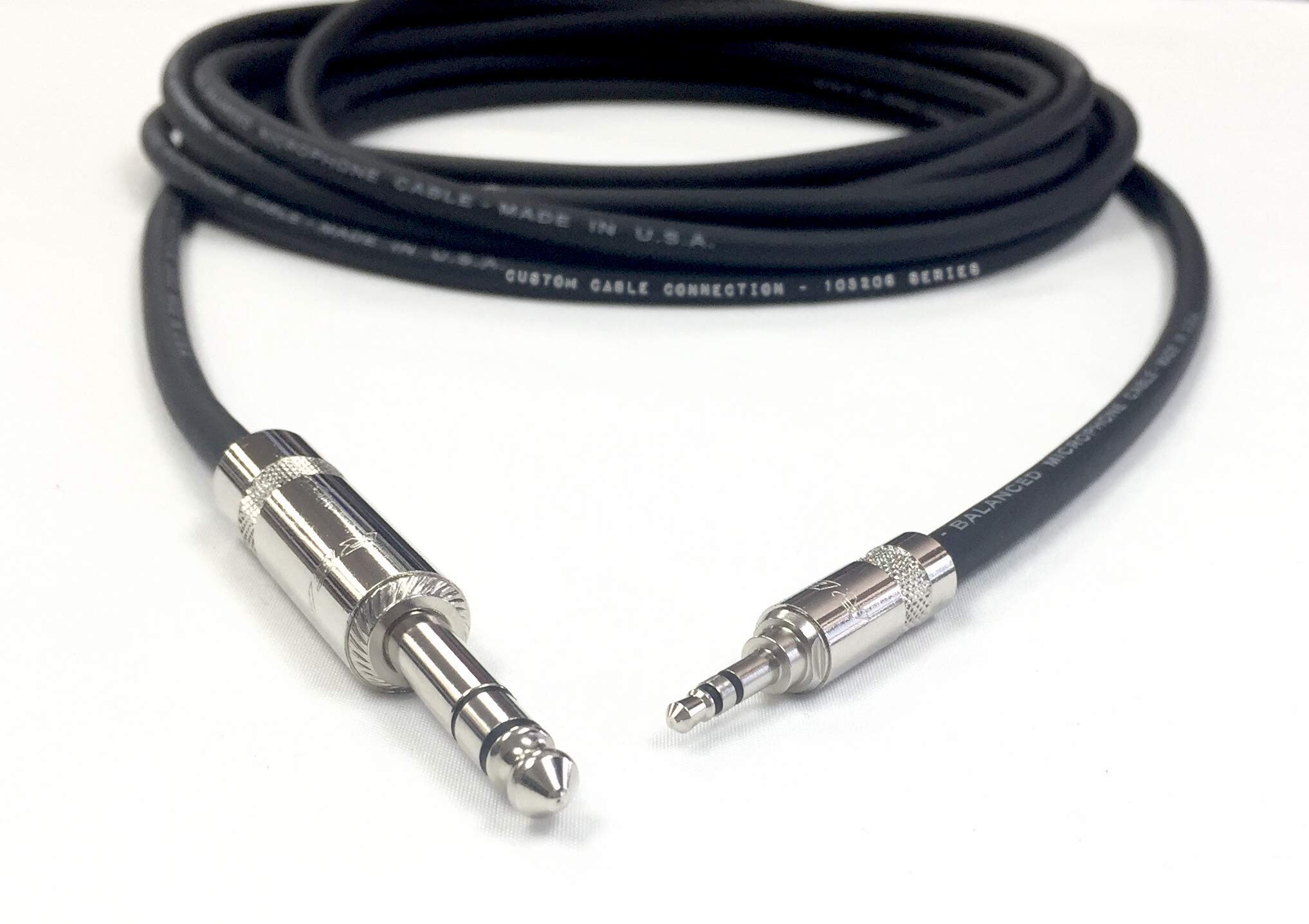 15 Foot Pro Audio 1/4 inch (6.35mm) TRS to 1/8 inch (3.5mm) TRS Balanced Cable by Custom Cable Connection