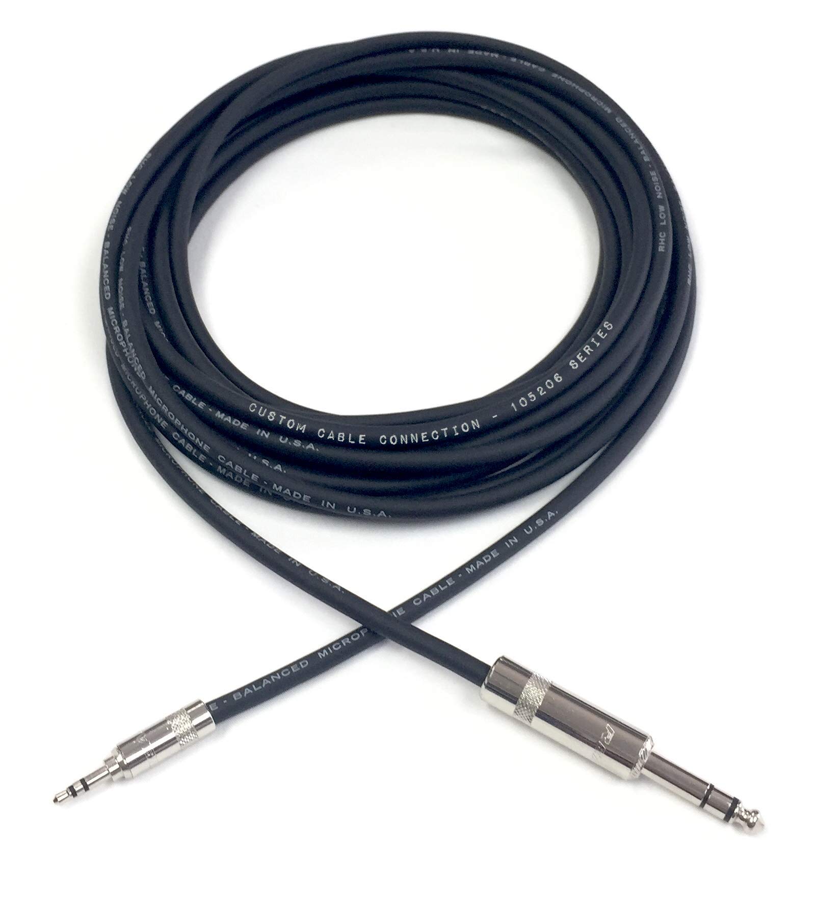 15 Foot Pro Audio 1/4 inch (6.35mm) TRS to 1/8 inch (3.5mm) TRS Balanced Cable by Custom Cable Connection