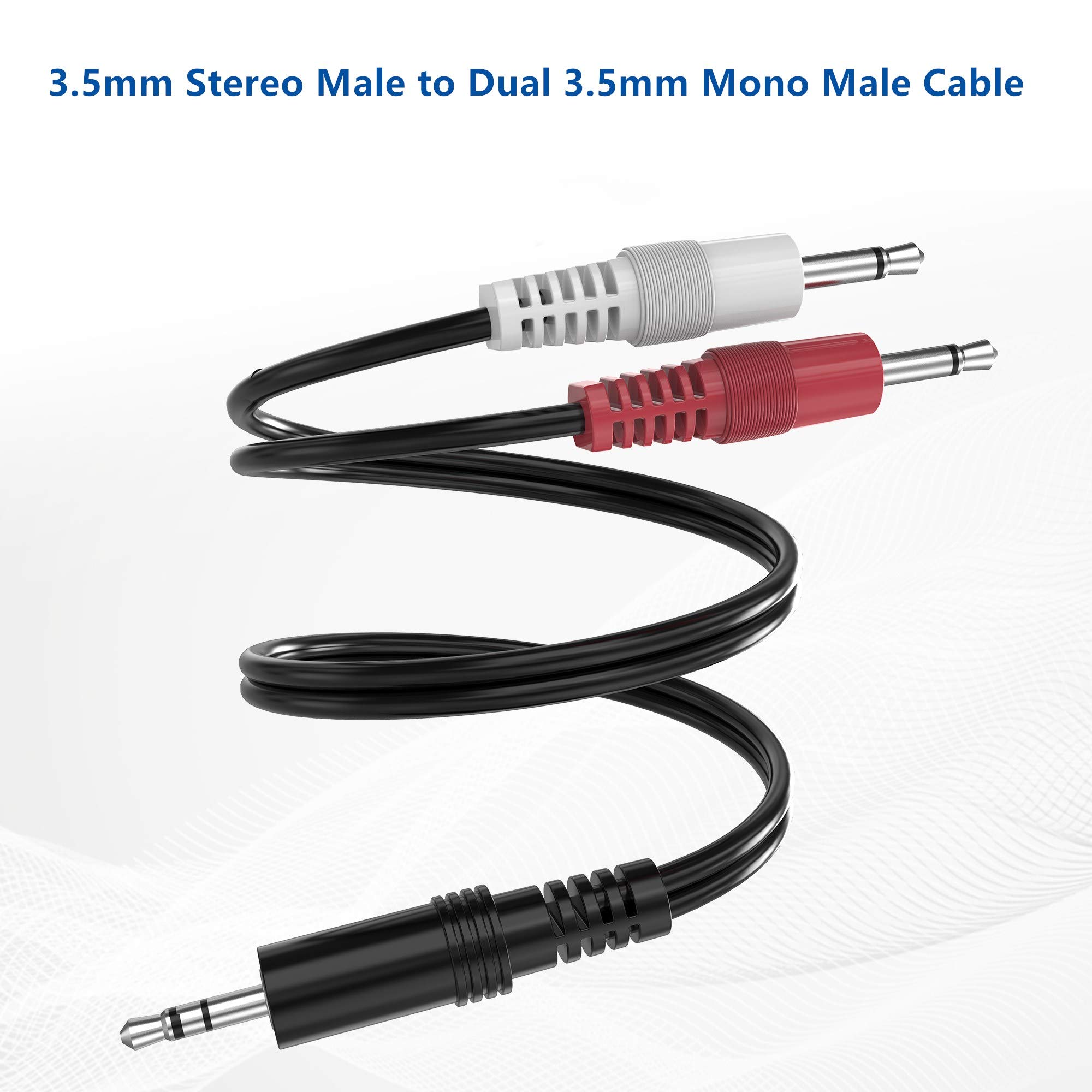 3.5mm Stereo Male to Dual 3.5mm Mono Male Audio Cable, 1ft 3.5mm 1/8" TRS Male to 2 x 3.5mm 1/8" TS Male Y Breakout Cable Splitter Adapter for Headphone, Speaker