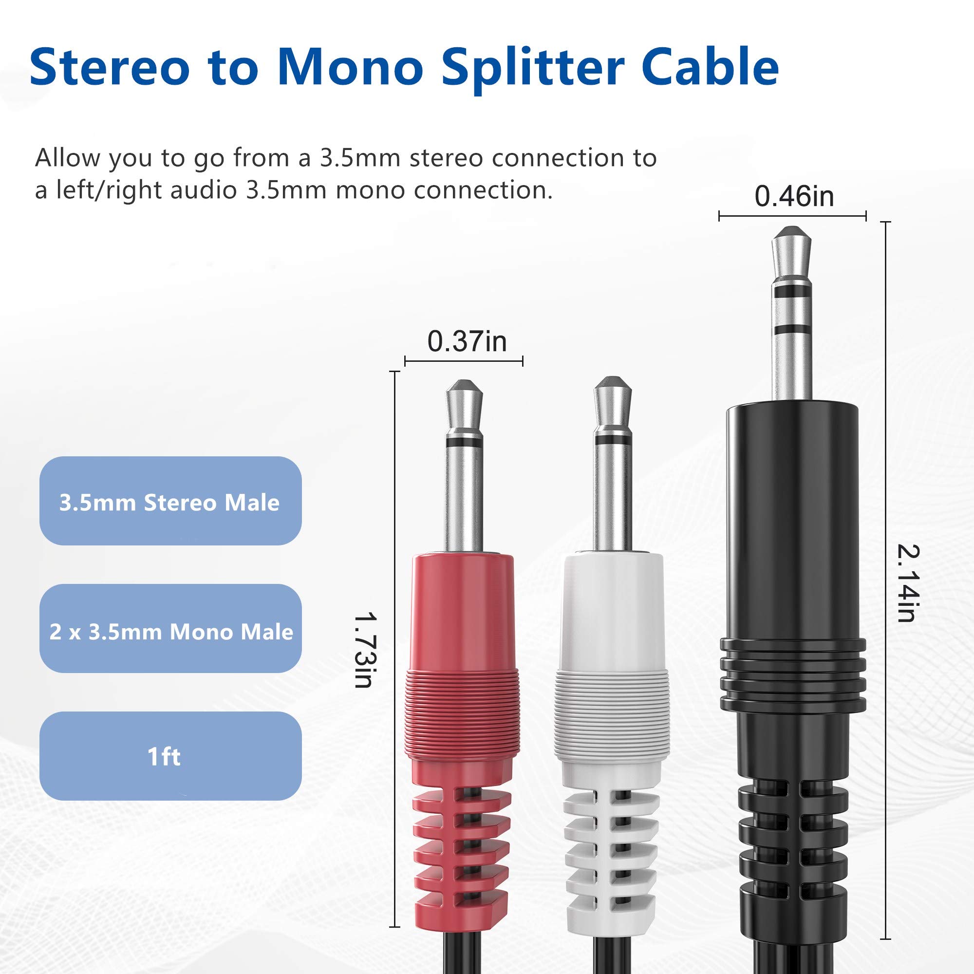 3.5mm Stereo Male to Dual 3.5mm Mono Male Audio Cable, 1ft 3.5mm 1/8" TRS Male to 2 x 3.5mm 1/8" TS Male Y Breakout Cable Splitter Adapter for Headphone, Speaker