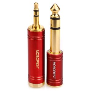 moborest 3.5mm m to 6.35mm f stereo pure copper adapter, 1/8 inch plug male to 1/4 inch jack female stereo adapter, can be used conversion headphone adapte, amp adapte, red 2pcs