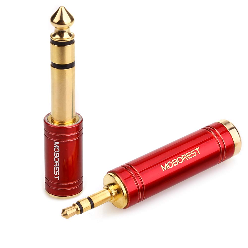 MOBOREST 3.5mm M to 6.35mm F Stereo Pure Copper Adapter, 1/8 Inch Plug Male to 1/4 Inch Jack Female Stereo Adapter, Can be Used Conversion Headphone adapte, amp adapte, RED 2PCS