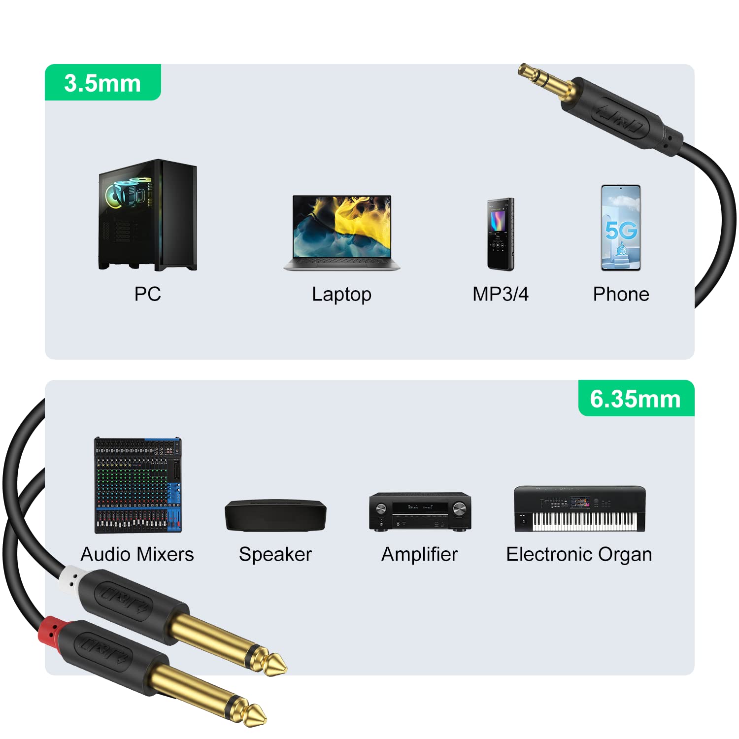 J&D 3.5mm 1/8 inch TRS Male to Dual 6.35mm 1/4 inch TS Male Mono Stereo Y-Cable Splitter with Gold Plated Audiowave Series for Amplifiers, Mixer Audio Recorder