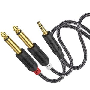 j&d 3.5mm trs to dual 6.35mm ts breakout cable, gold plated audiowave series 1/8 to dual 1/4 stereo cable splitter with nylon braid compatible with pc, computer sound card, mixer, speaker, 9 feet